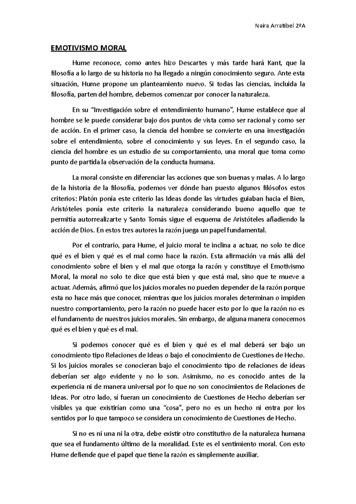 Emotivismo Moral - Naíra Arratíbel 2ºA EMOTIVISMO MORAL Hume reconoce ...