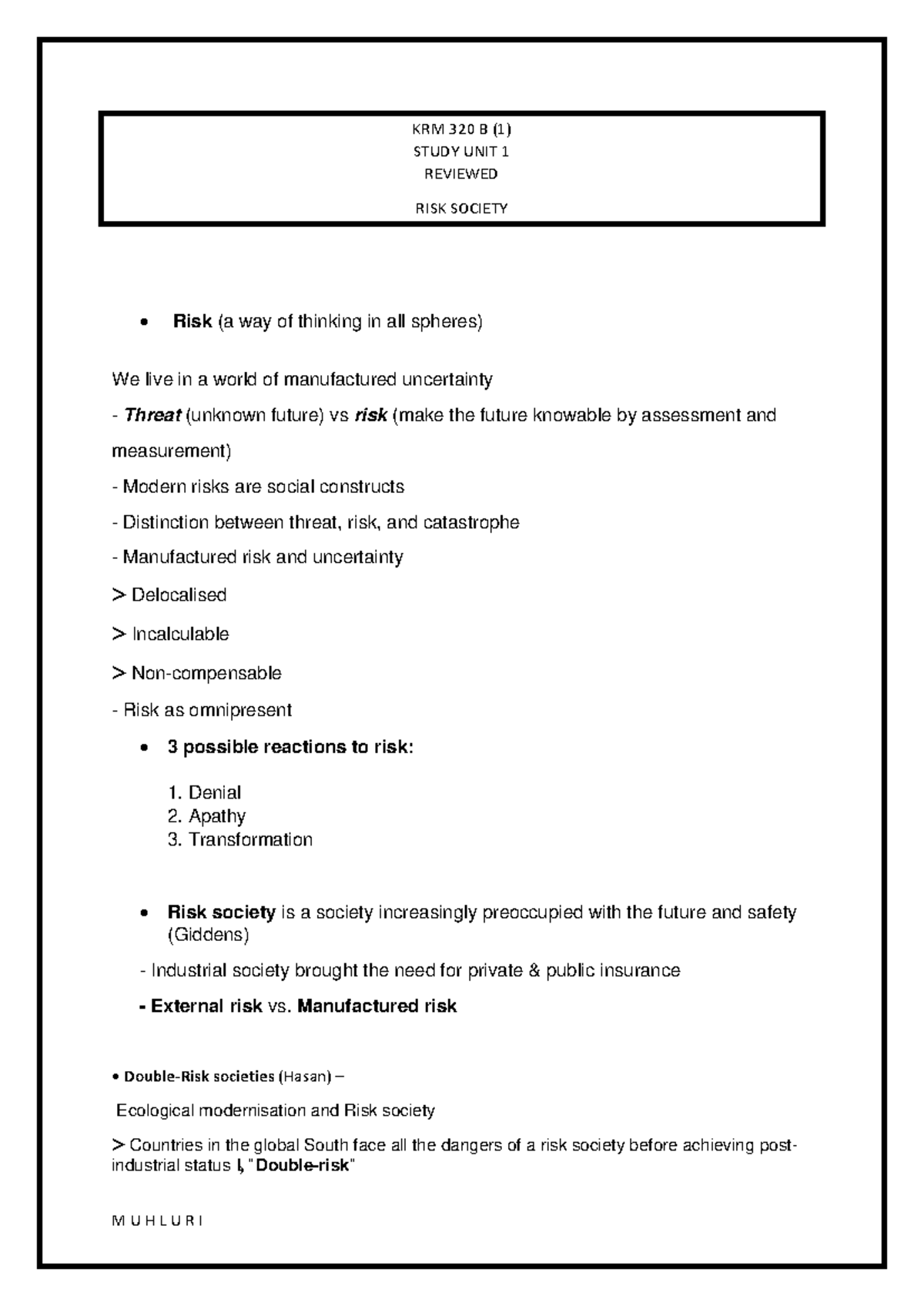 KRM 320 B Study UNIY 1 - KRM 320 B (1) STUDY UNIT 1 REVIEWED RISK ...