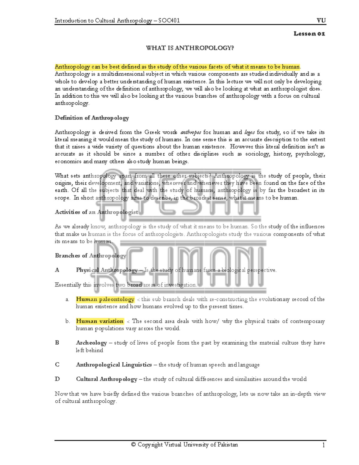 SOC401-Highlight-Handouts - Le Lessssoonn 0 011 WWHHAATT IISS AANNTTHHRROOPPOOLLOOGGYY?? - Studocu