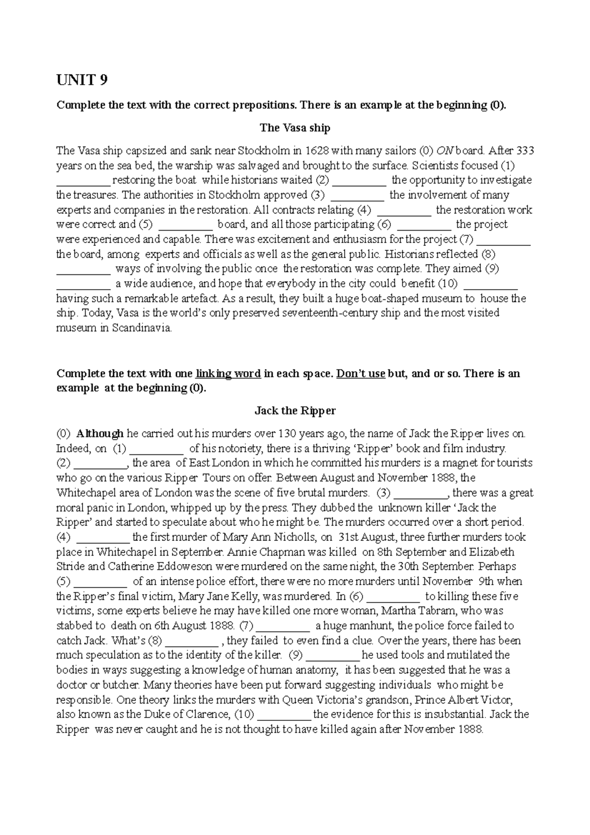 HW U9 - esercizi unità 9 - UNIT 9 Complete the text with the correct ...