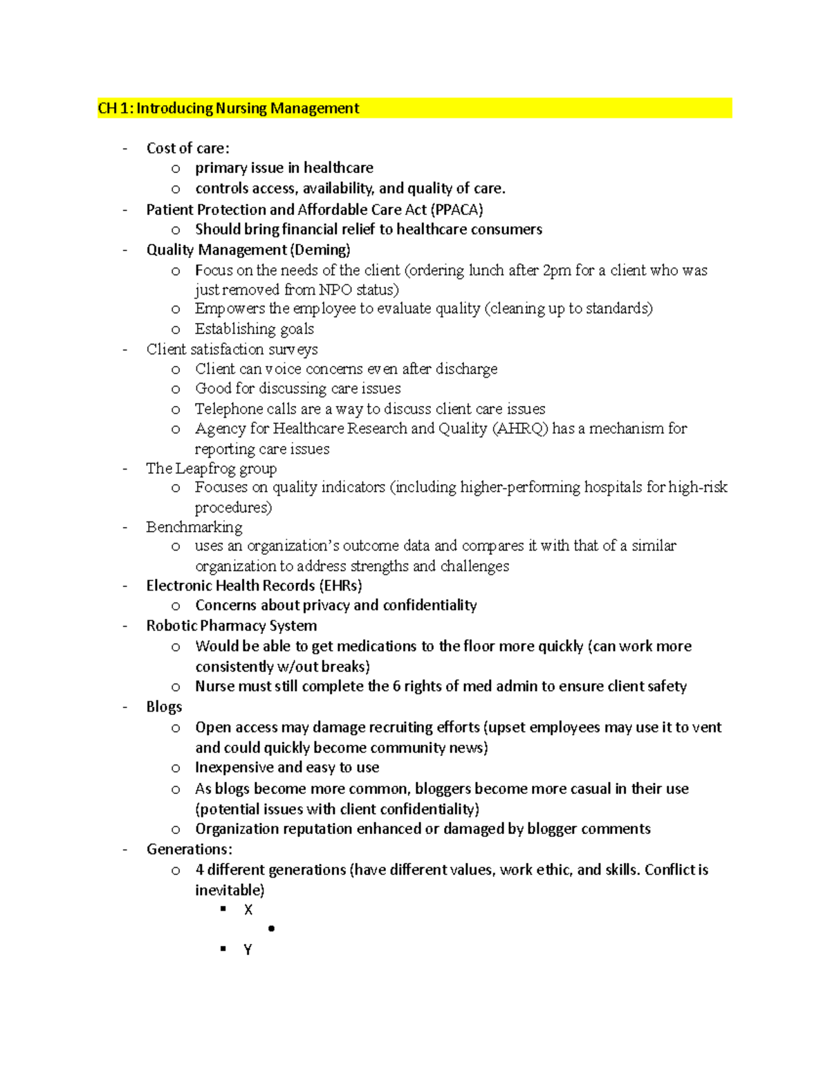 Final Review Notes - CH 1: Introducing Nursing Management - Cost of ...