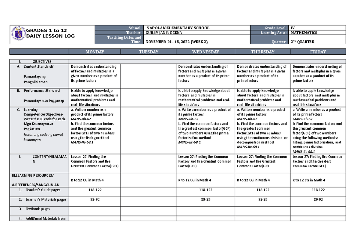 DLL Mathematics 4 Q2 W2 - HELL - GRADES 1 to 12 DAILY LESSON LOG School ...