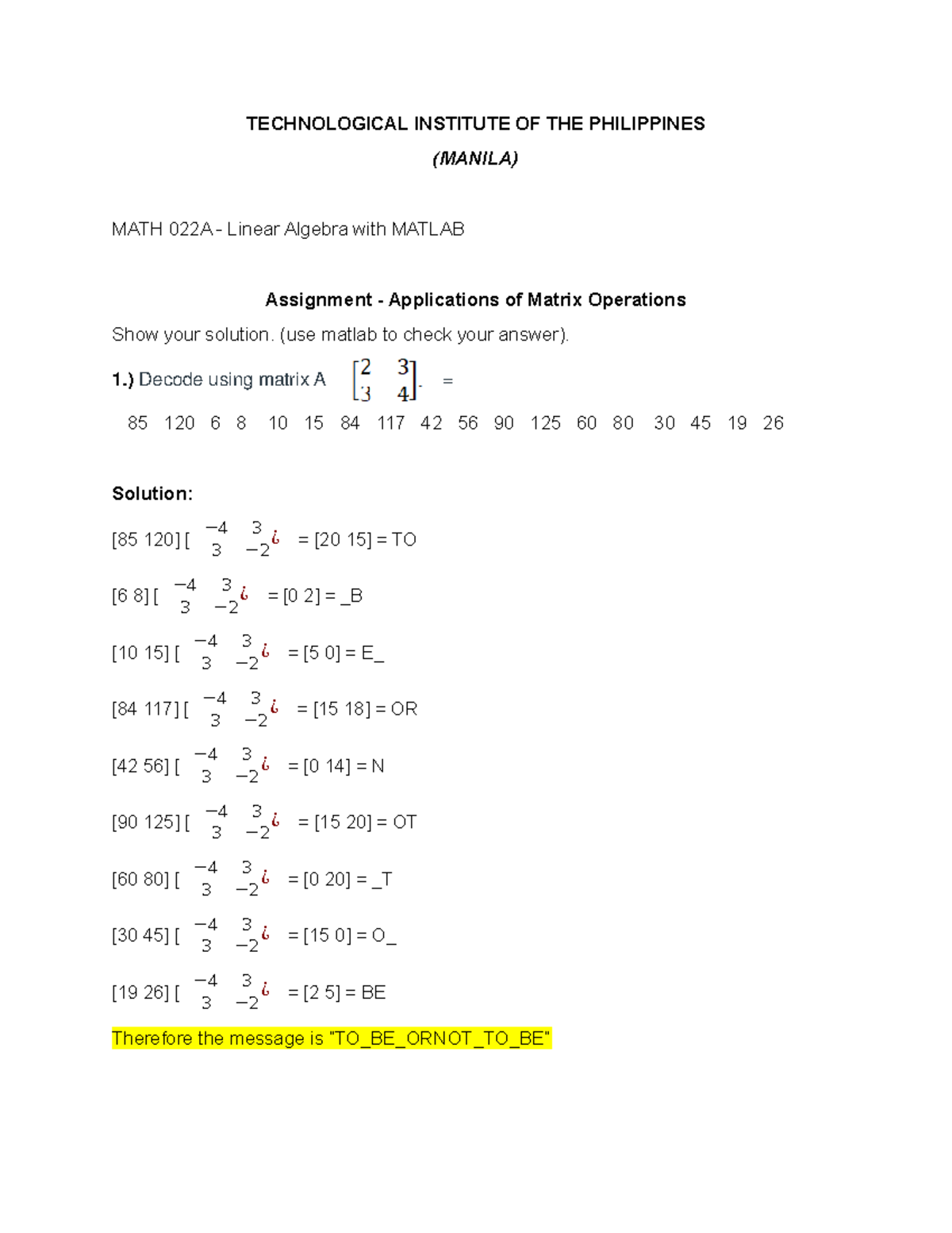 Applications Of Matrix Operations Linear Algebra With Matlab Tip