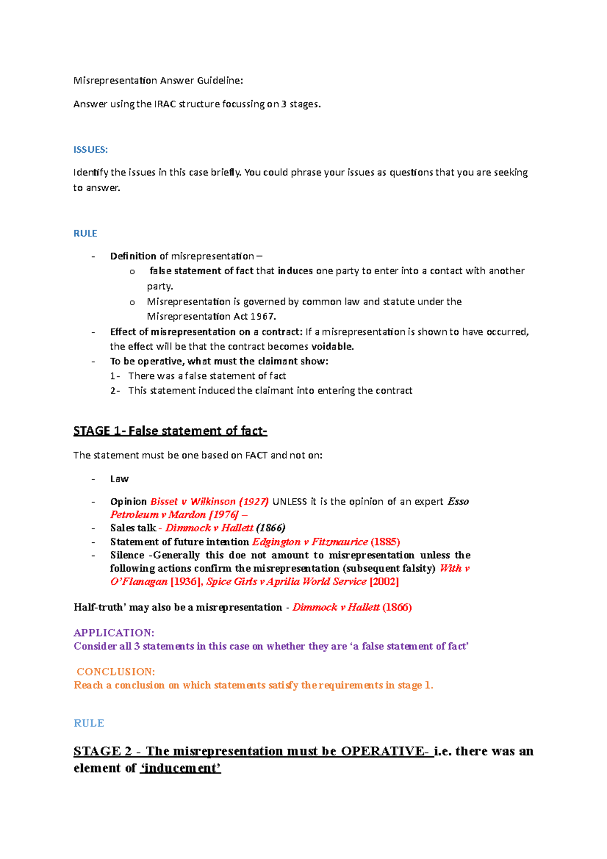(DISTINCTION) Misrepresentation Problem Question Answer Guideline - Misrepresentation Answer ...