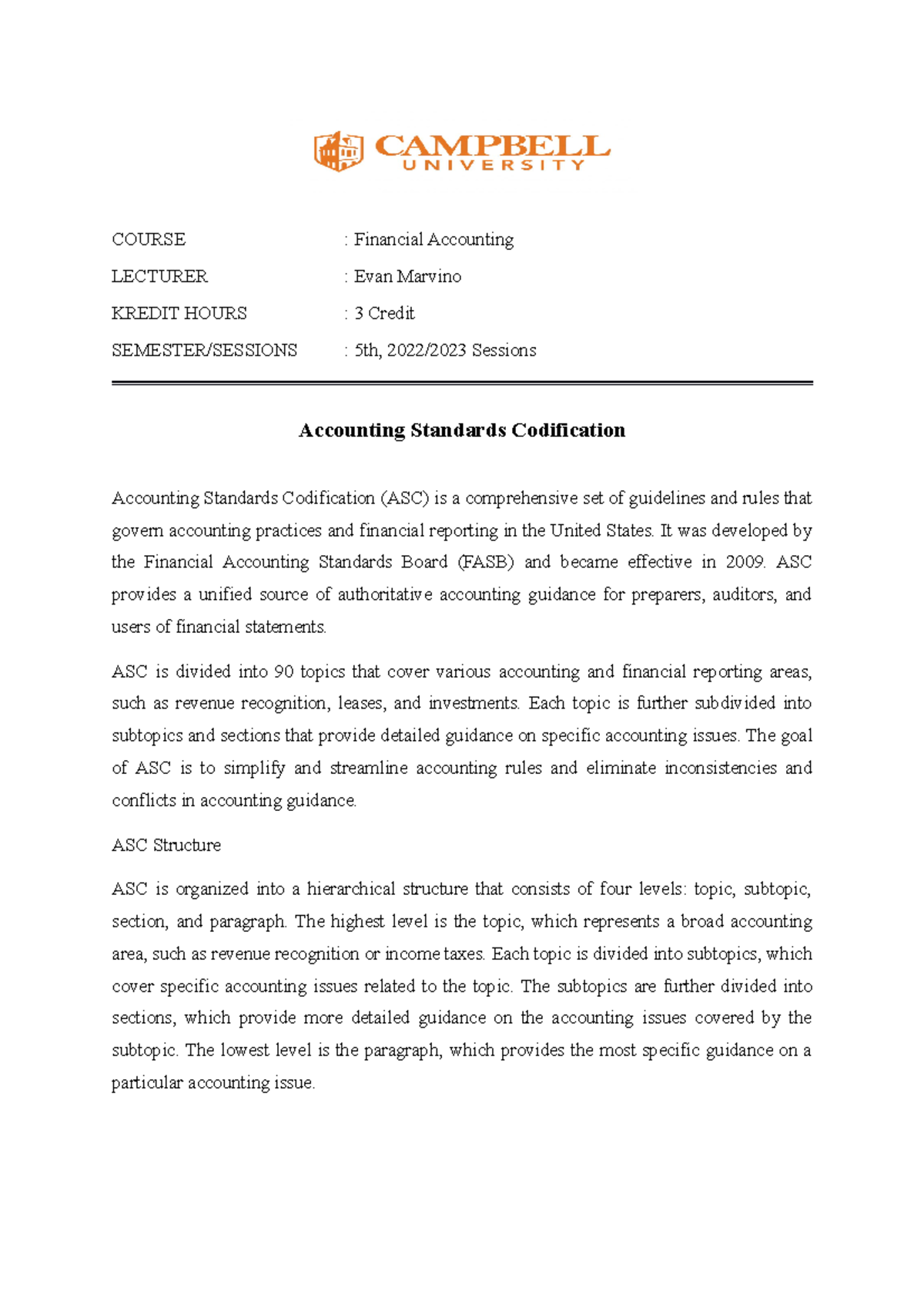 Lecture Notes Accounting Standards Codification Financial Accounting ...