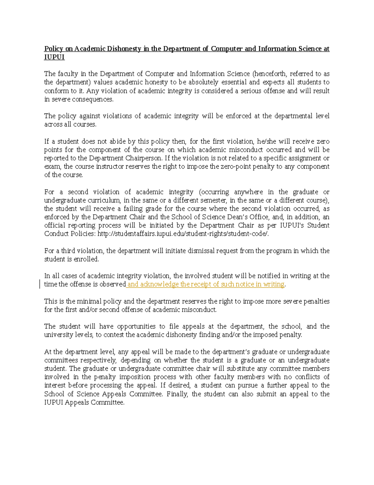 CSCI academic integrity policy - Policy on Academic Dishonesty in the ...