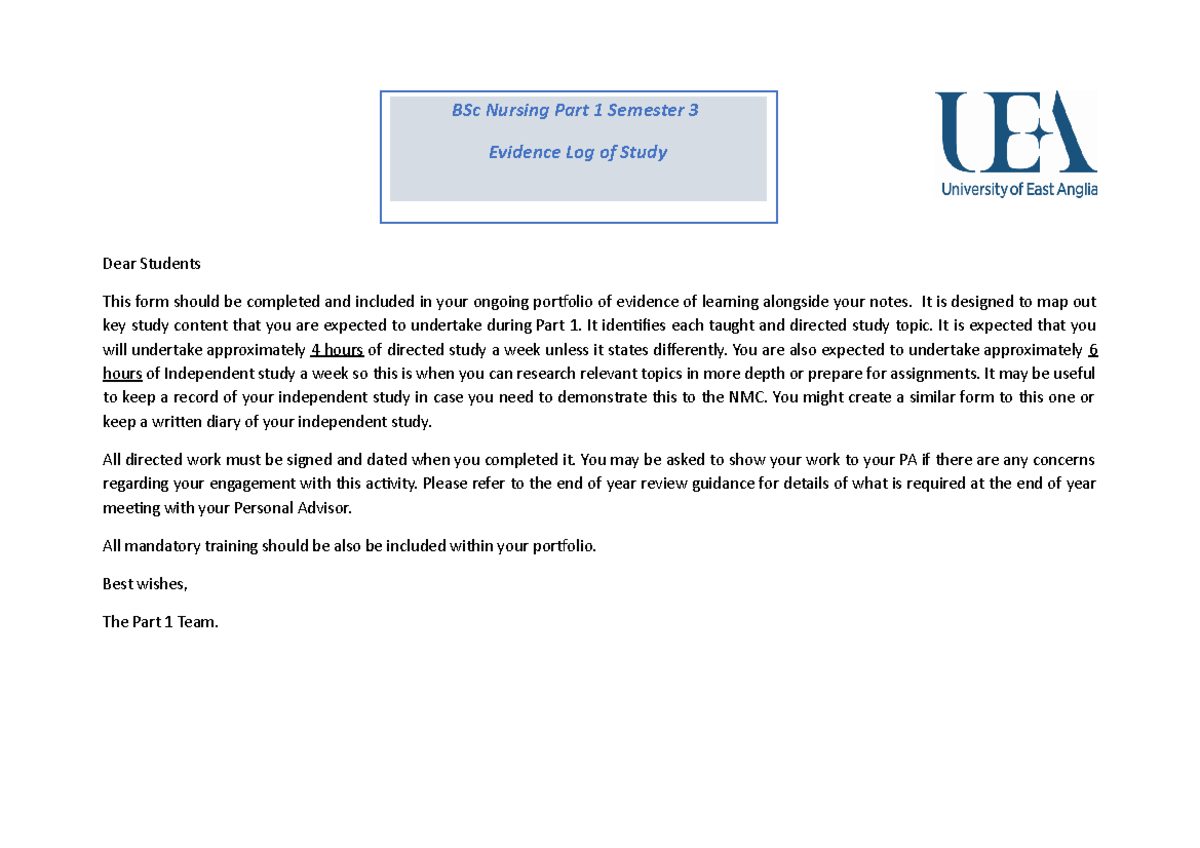 Evidence Log of Study - Semester 3 - Dear Students This form should be ...