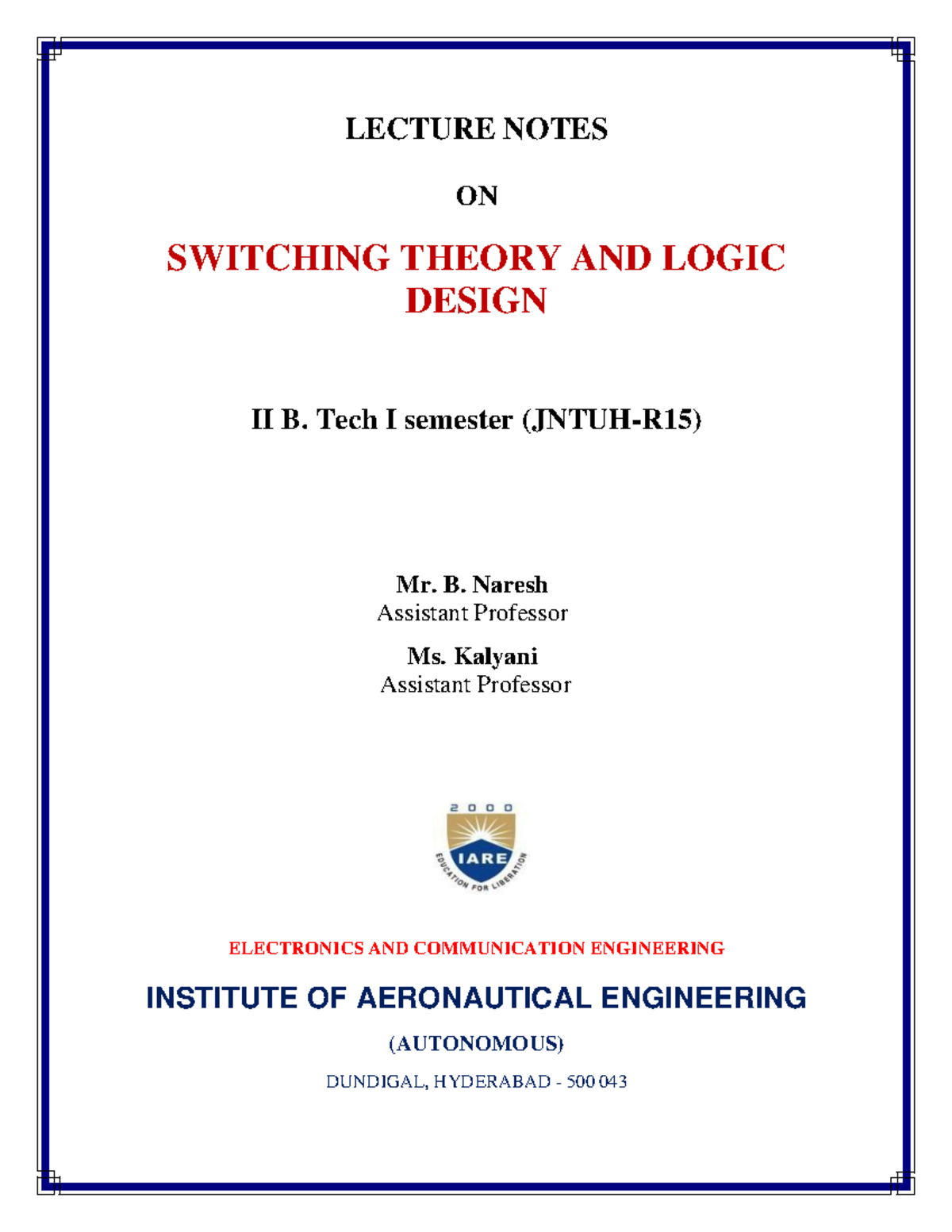 STLD Notes 0 - LECTURE NOTES ON SWITCHING THEORY AND LOGIC DESIGN II B ...