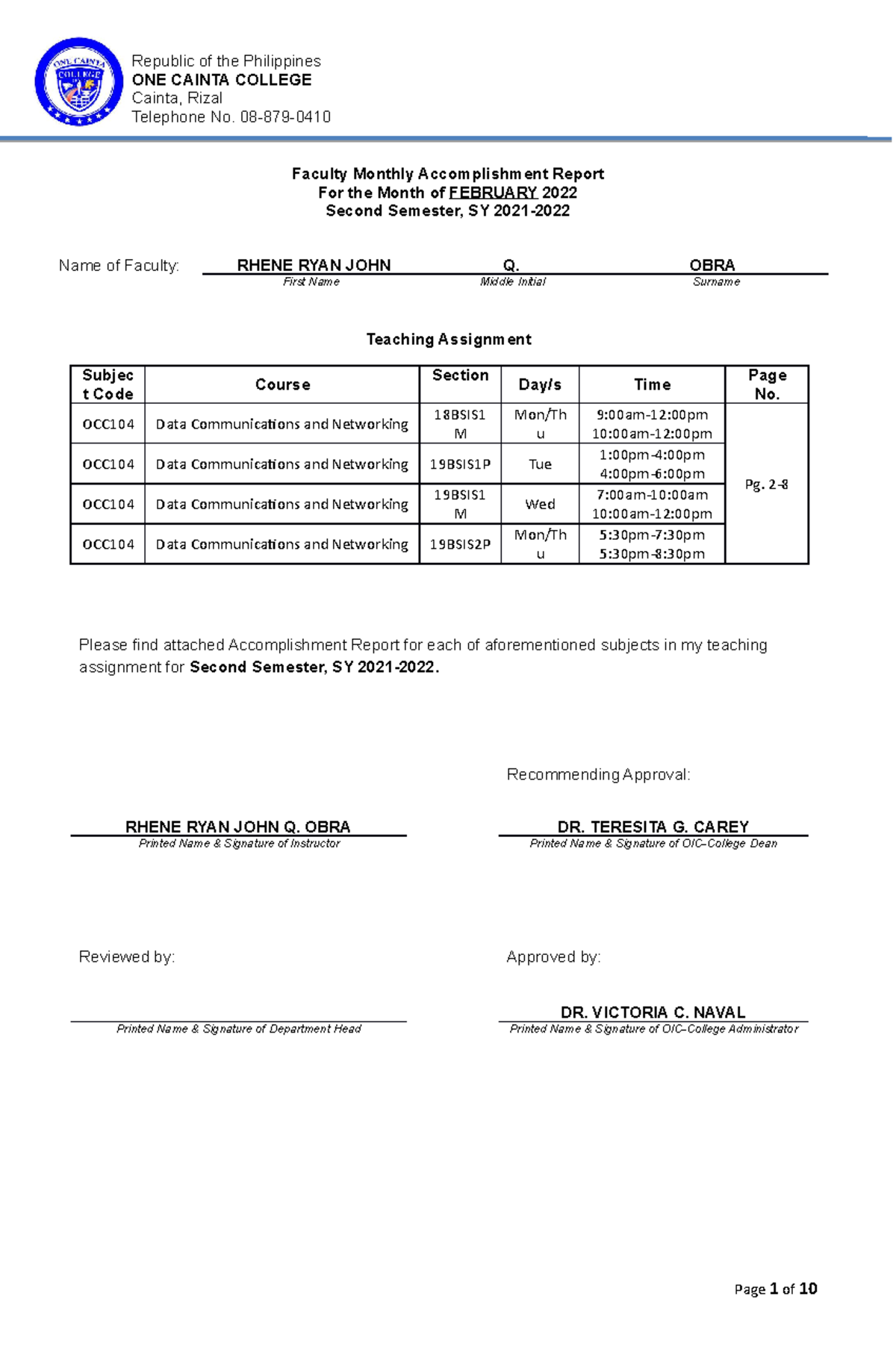 02 AR OBRA February 2022 - ONE CAINTA COLLEGE Cainta, Rizal Telephone ...