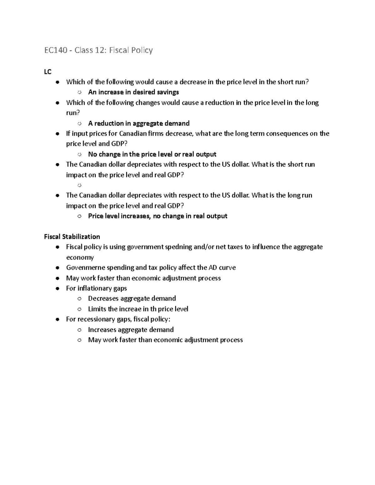 EC140 - Class 12 Fiscal Policy - EC140 - Class 12: Fiscal Policy LC ...
