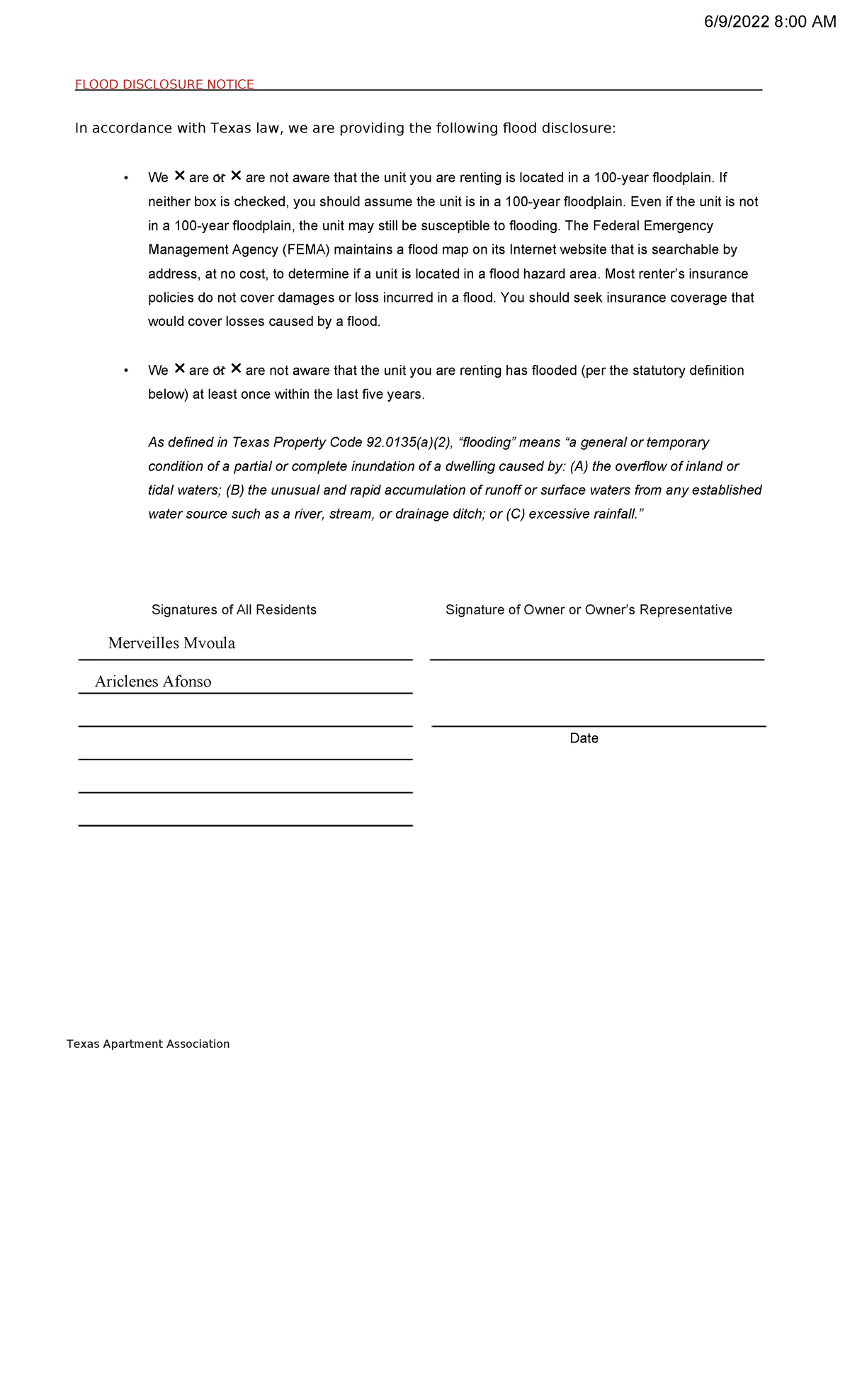 Doc1 - Vfdf - FLOOD DISCLOSURE NOTICE In accordance with Texas law, we ...