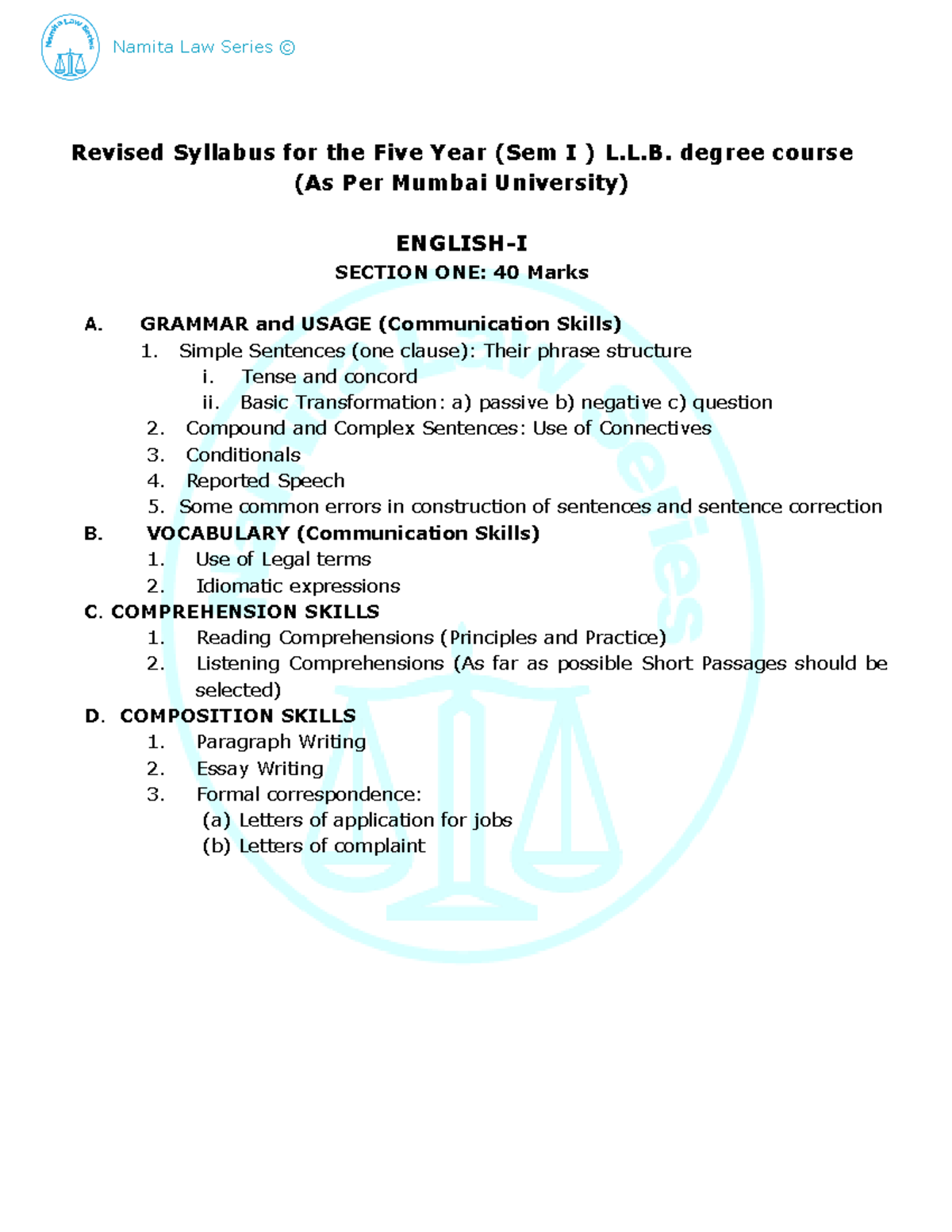 BLS LLB First Year - Semester 1 - Revised Syllabus for the Five Year ...