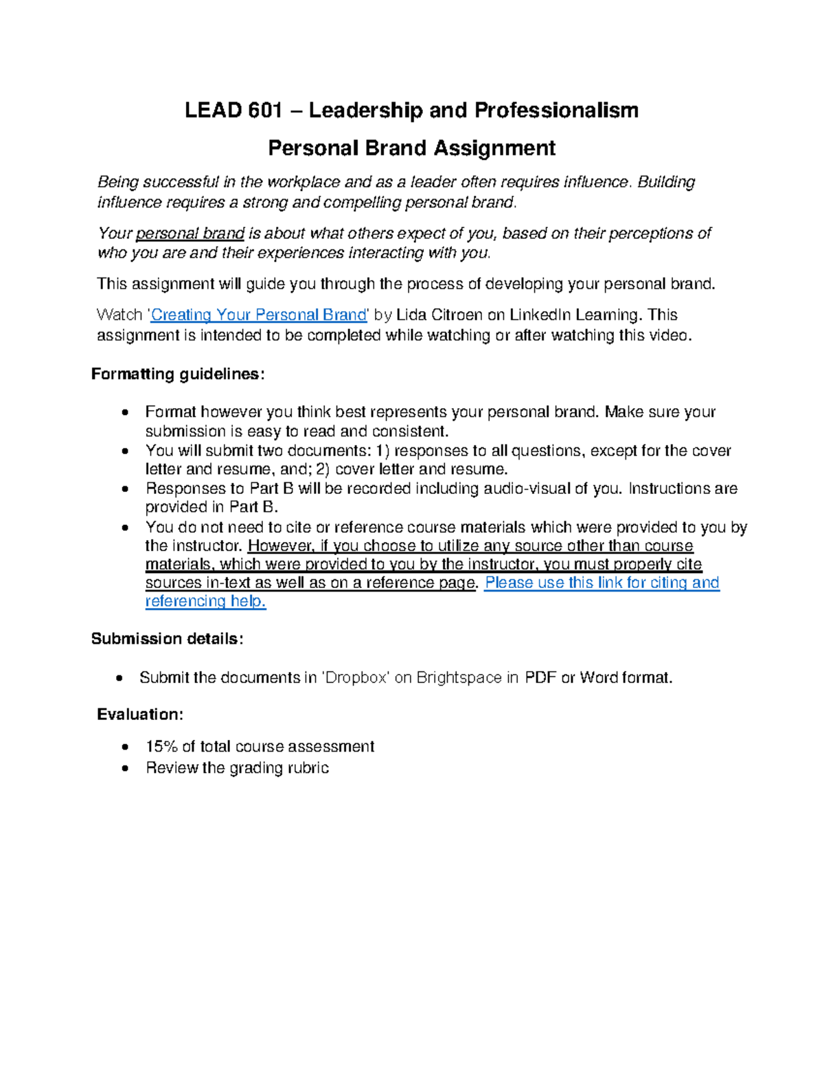 Personal Brand Assignment (003) - LEAD 601 – Leadership and ...
