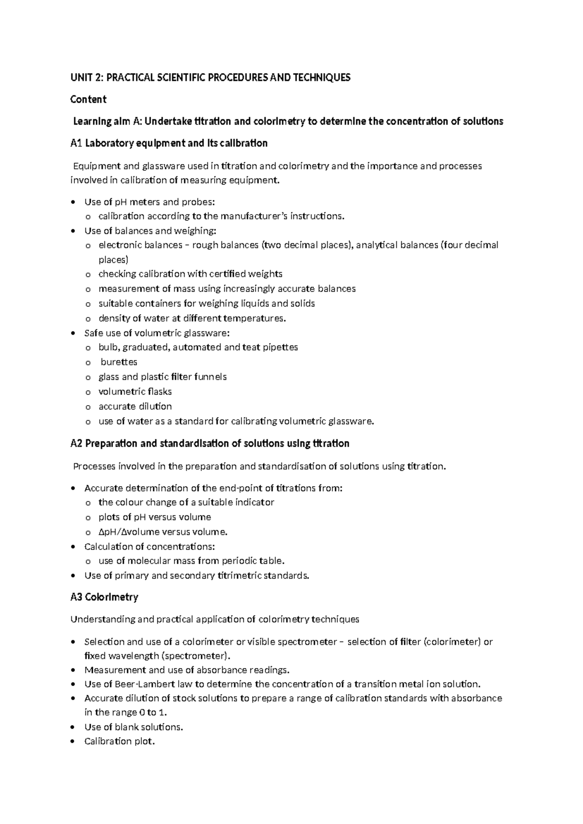 UNIT 2 Content - UNIT 2: PRACTICAL SCIENTIFIC PROCEDURES AND TECHNIQUES ...