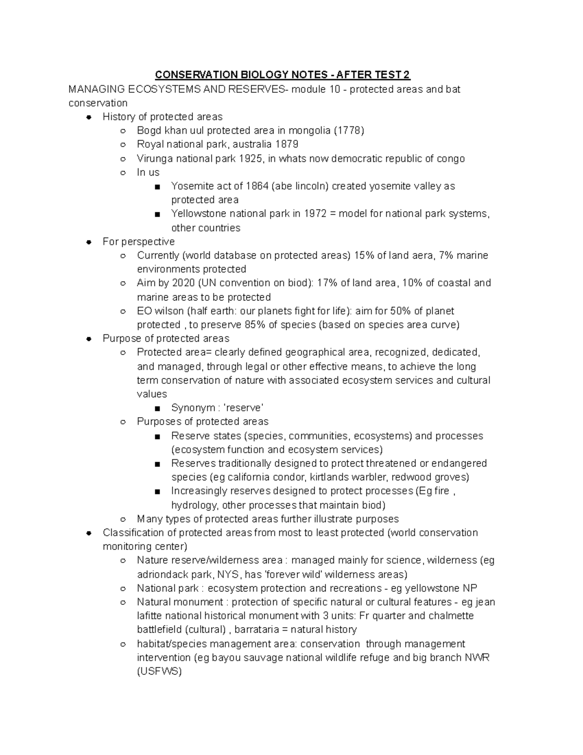 Conservation notes 3 - CONSERVATION BIOLOGY NOTES - AFTER TEST 2 ...
