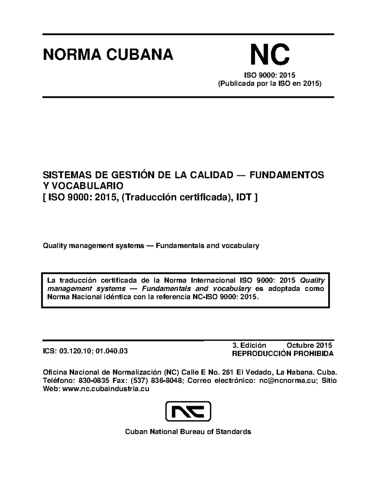 Nc iso 9000 a2015 62p ffh - NORMA CUBANA NC ISO 9000 : 201 5 (Publicada ...