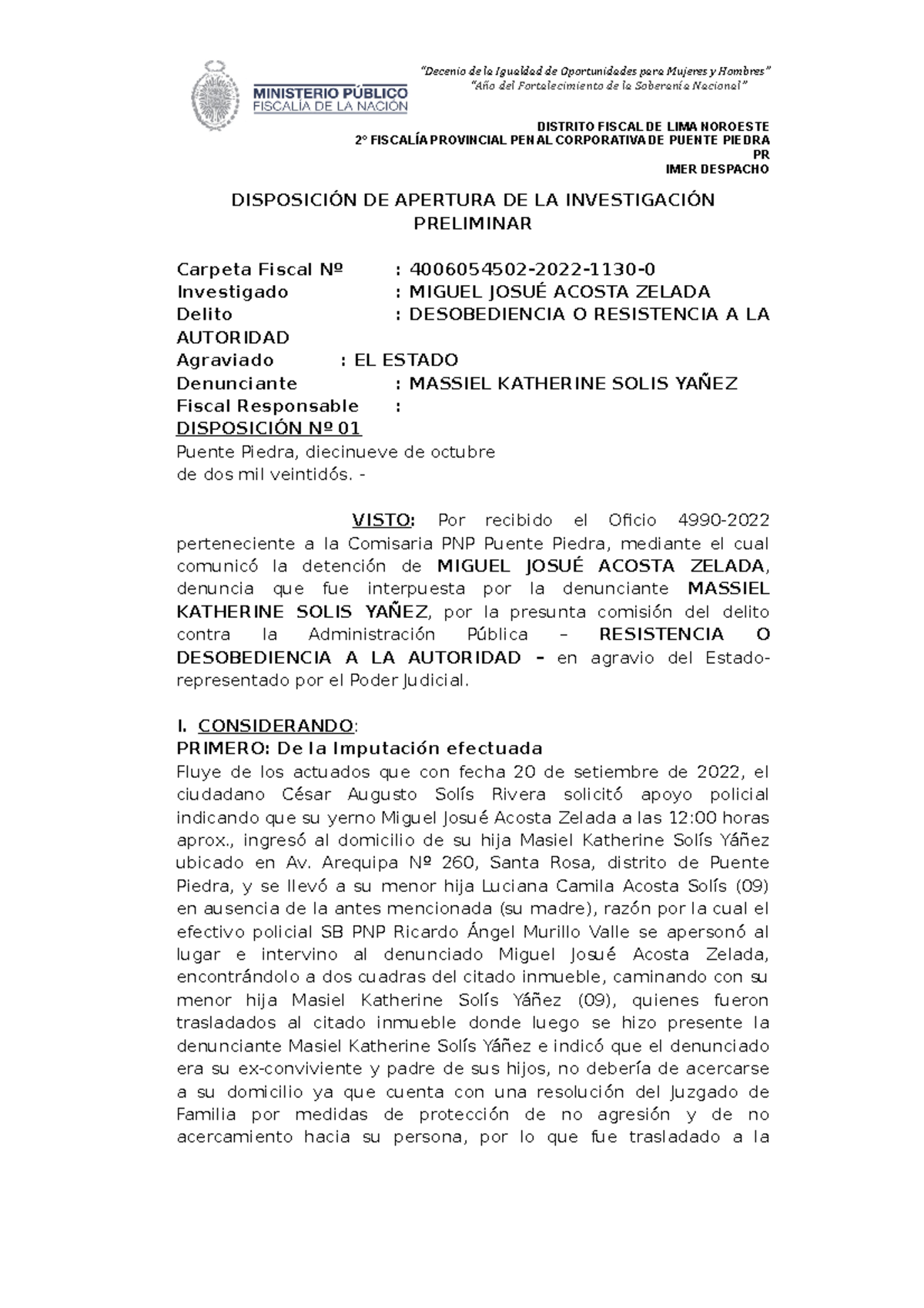 DISPOSICIÓN DE APERTURA DE LAS DILIGENCIAS PRELIMINARES (MODELO) - Resistencia O Desobediencia A ...