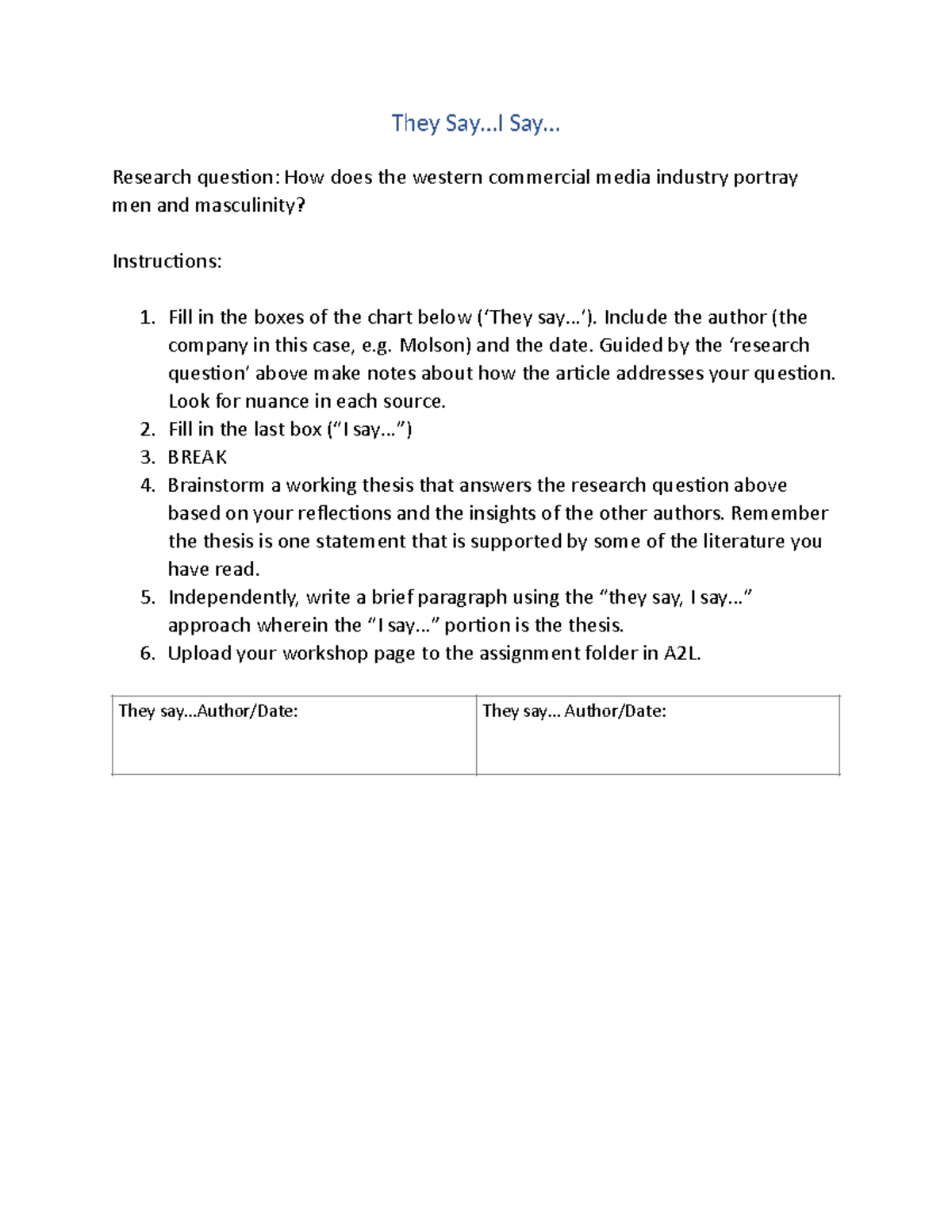 They Say, I say... (Activity) - They Say.. Say... Research ques+on: How ...