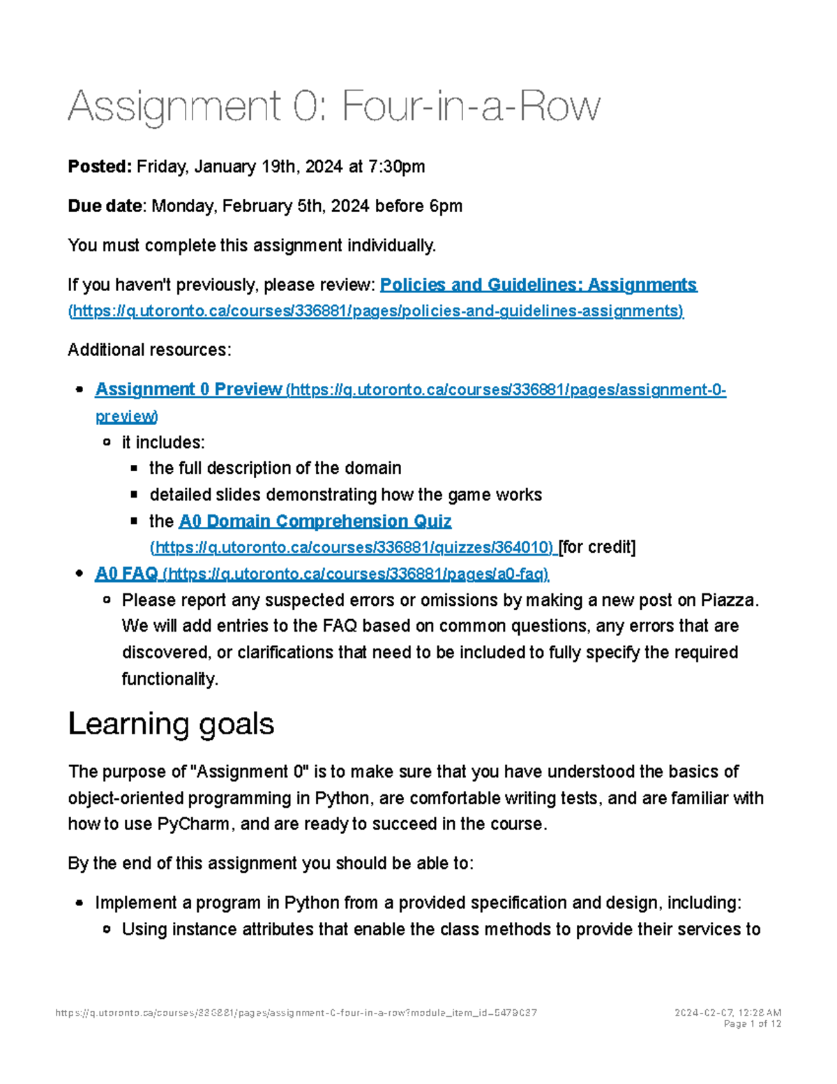 Assignment 0- Four-in-a-Row- CSC148H1S 20241 All Sections- Introduction to Com - Assignment 0 ...