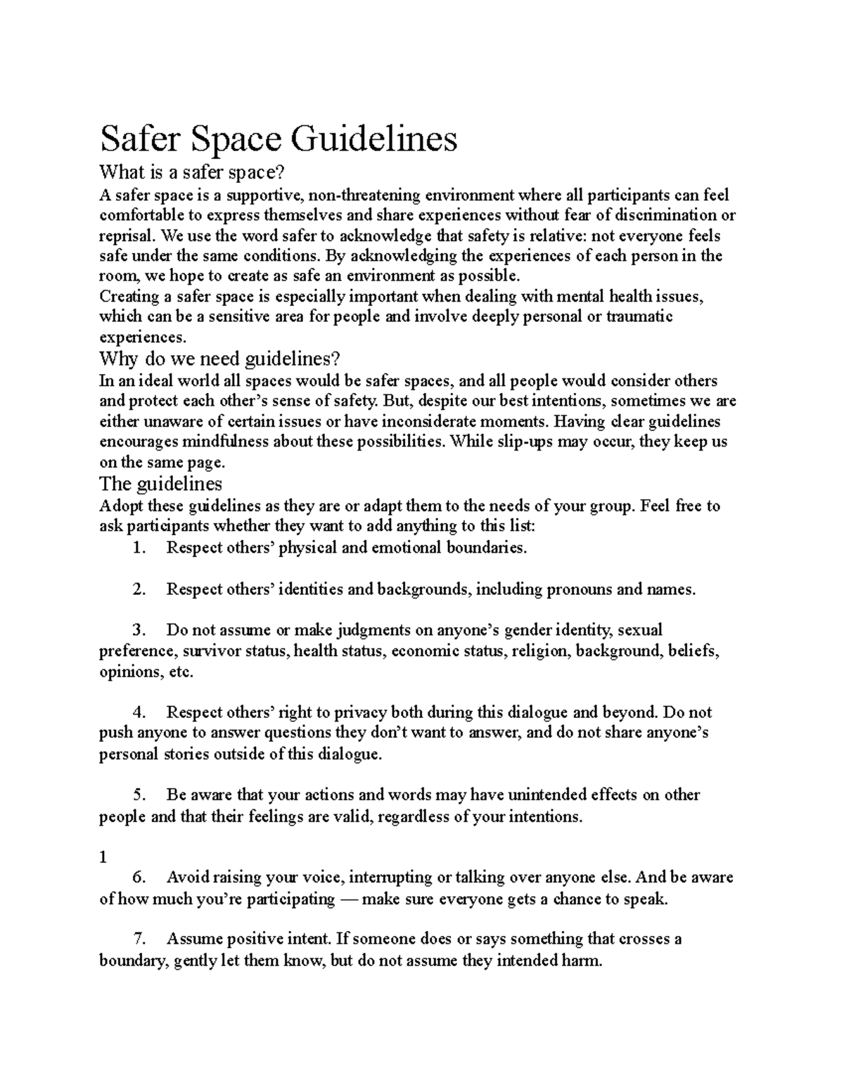 Note Mar 15, 2021 - Lecture notes 2 - Safer Space Guidelines What is a ...