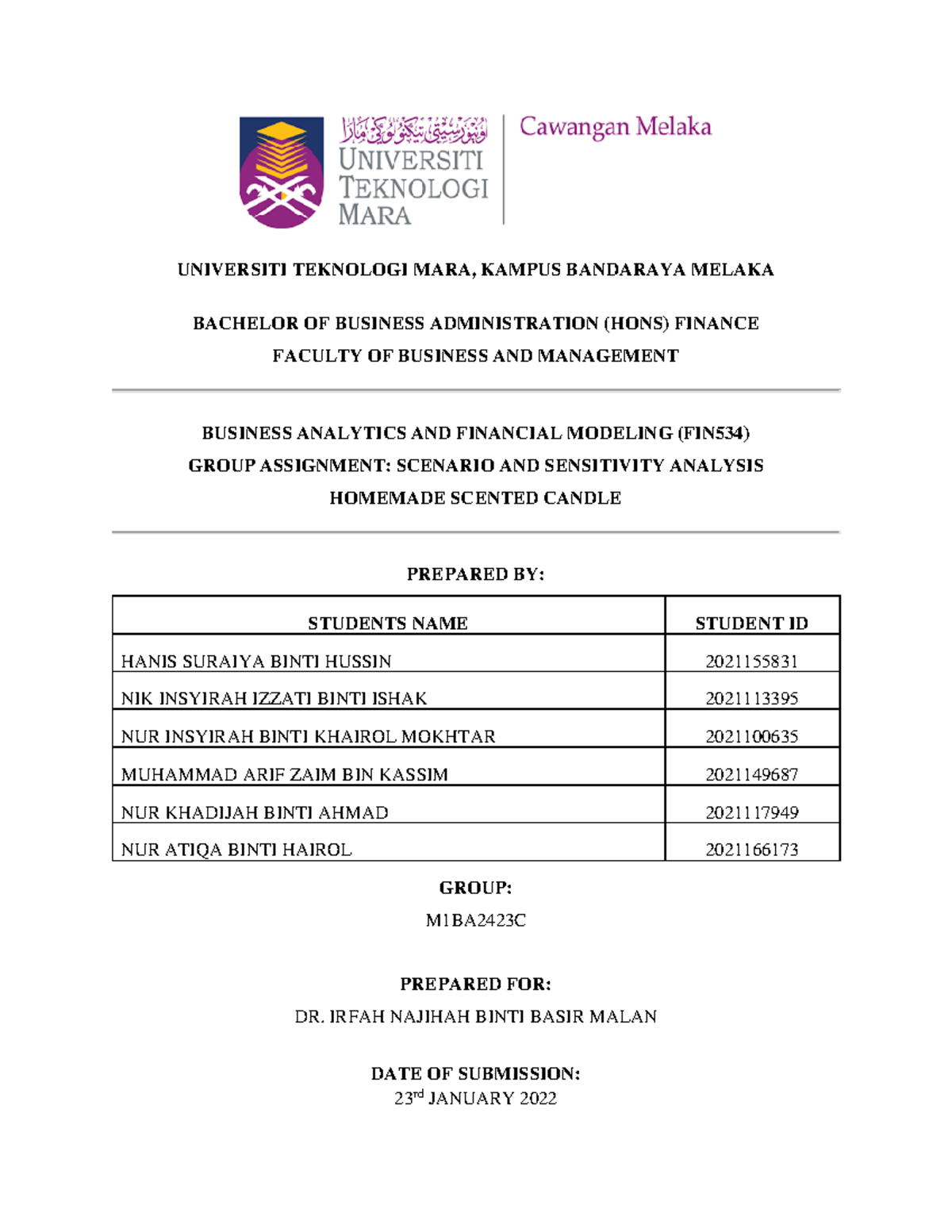 Group Assignment Scenario AND Sensitivity Analysis Homemade Scented - UNIVERSITI TEKNOLOGI MARA ...