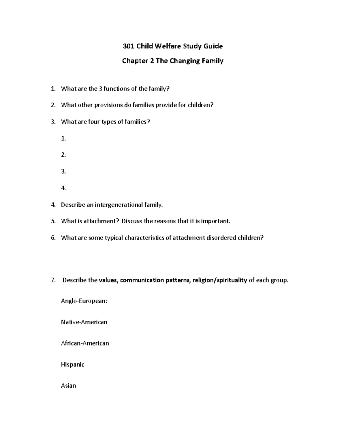 Chapter 2 Study Guide - 301 Child Welfare Study Guide Chapter 2 The ...