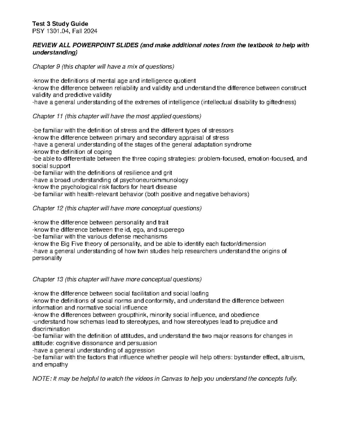 Test 3 Study Guide - Test 3 Study Guide PSY 1301 4 , Fall 2024 REVIEW ...