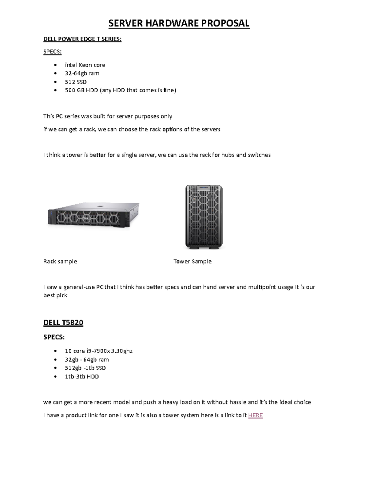 Server Hardware Proposal - SERVER HARDWARE PROPOSAL DELL POWER EDGE T SERIES: SPECS: intel Xeon ...