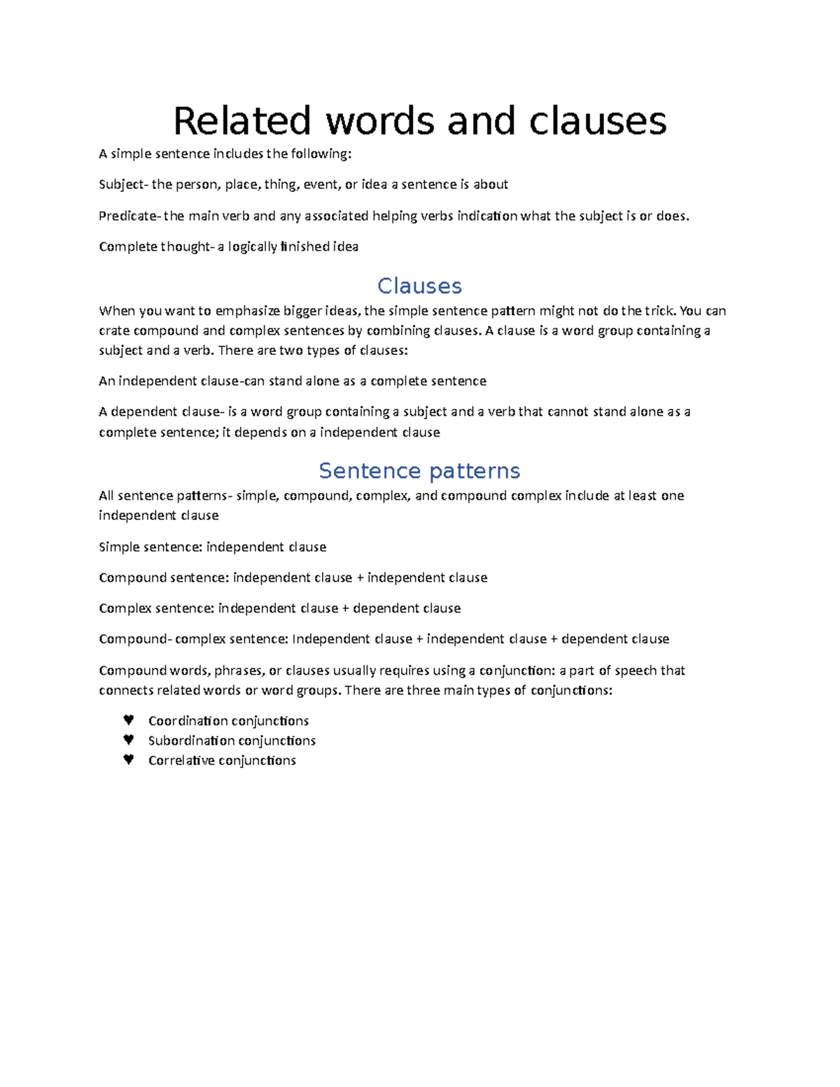 Understanding clauses and conjunctions - Related words and clauses A ...