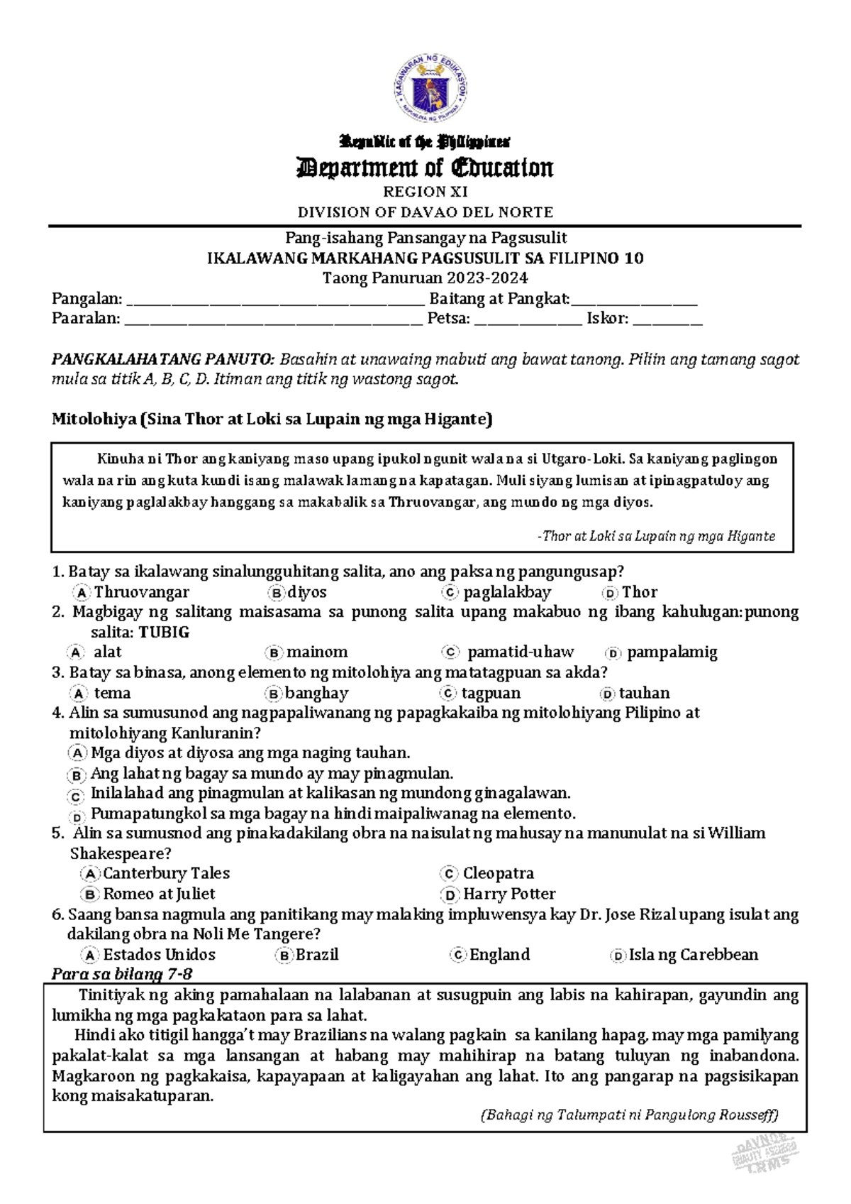Filipino-10-TQ - Good luck - Kinuha ni Thor ang kaniyang maso upang ...