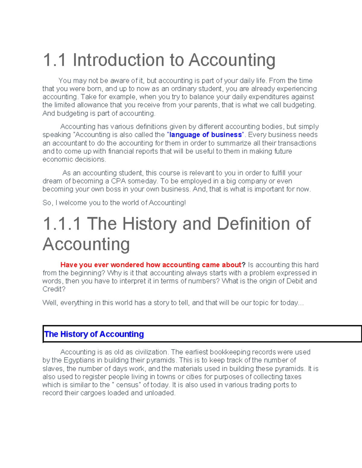 Module 1 - Acctg 015 - 1 Introduction to Accounting You may not be ...