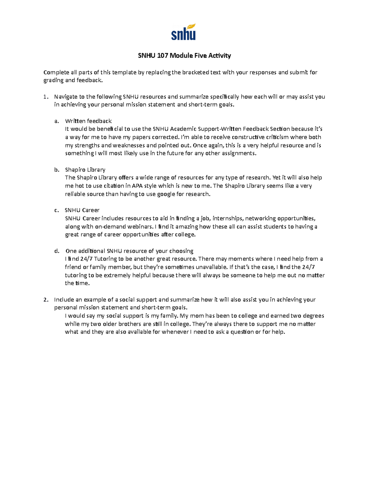 Module Five Activity - SNHU 107 Module Five Activity Complete all parts ...