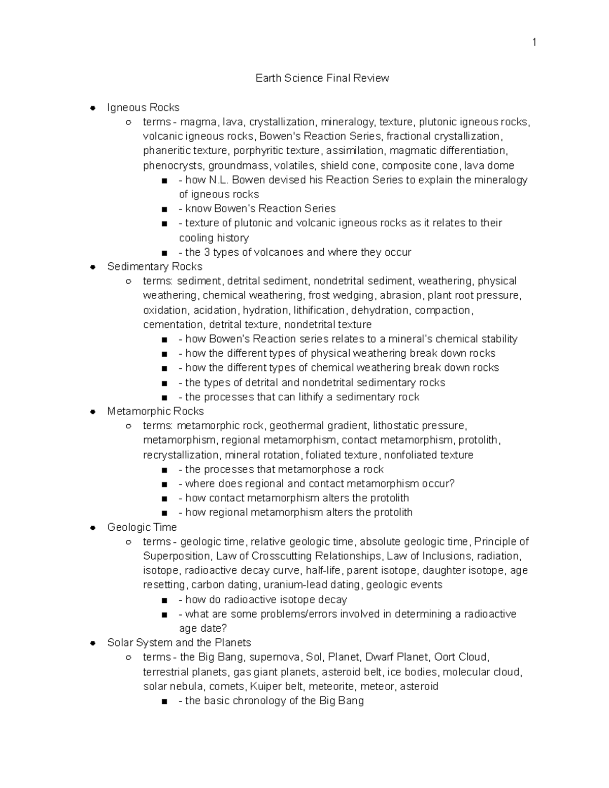 Earth Science Final Review notes - 1 Earth Science Final Review Igneous ...