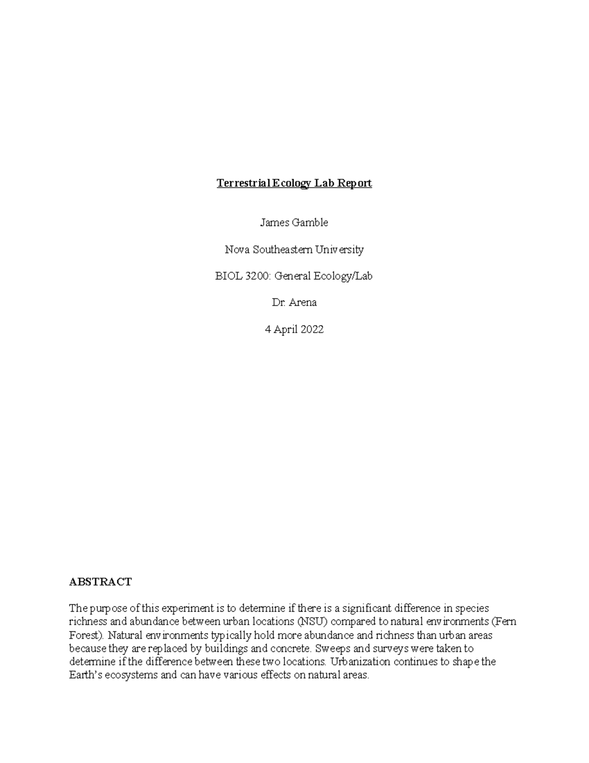 Terrestrial Ecology Lab Report - Arena 4 April 2022 ABSTRACT The ...