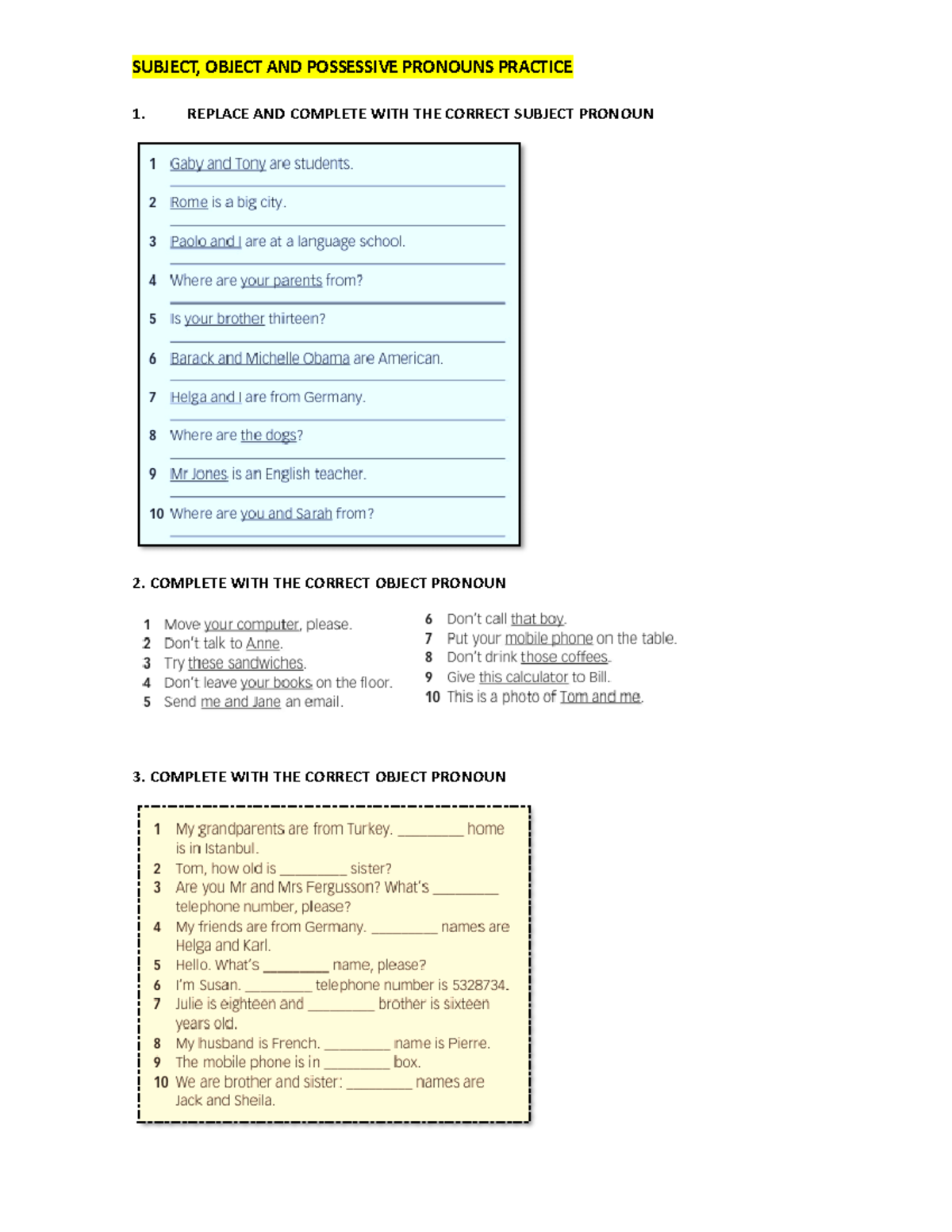 Subject Object Possessive Pronouns - Ingles - SUBJECT, OBJECT AND ...