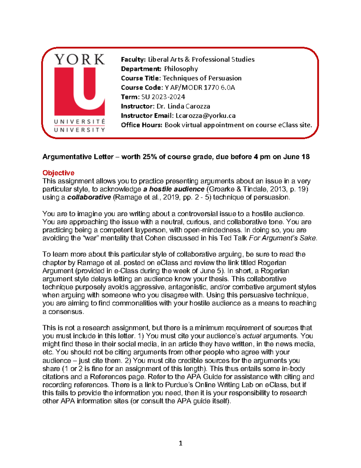 2023-24 SU MODR1770 Argumentative Letter Final Assignment - 1 ...