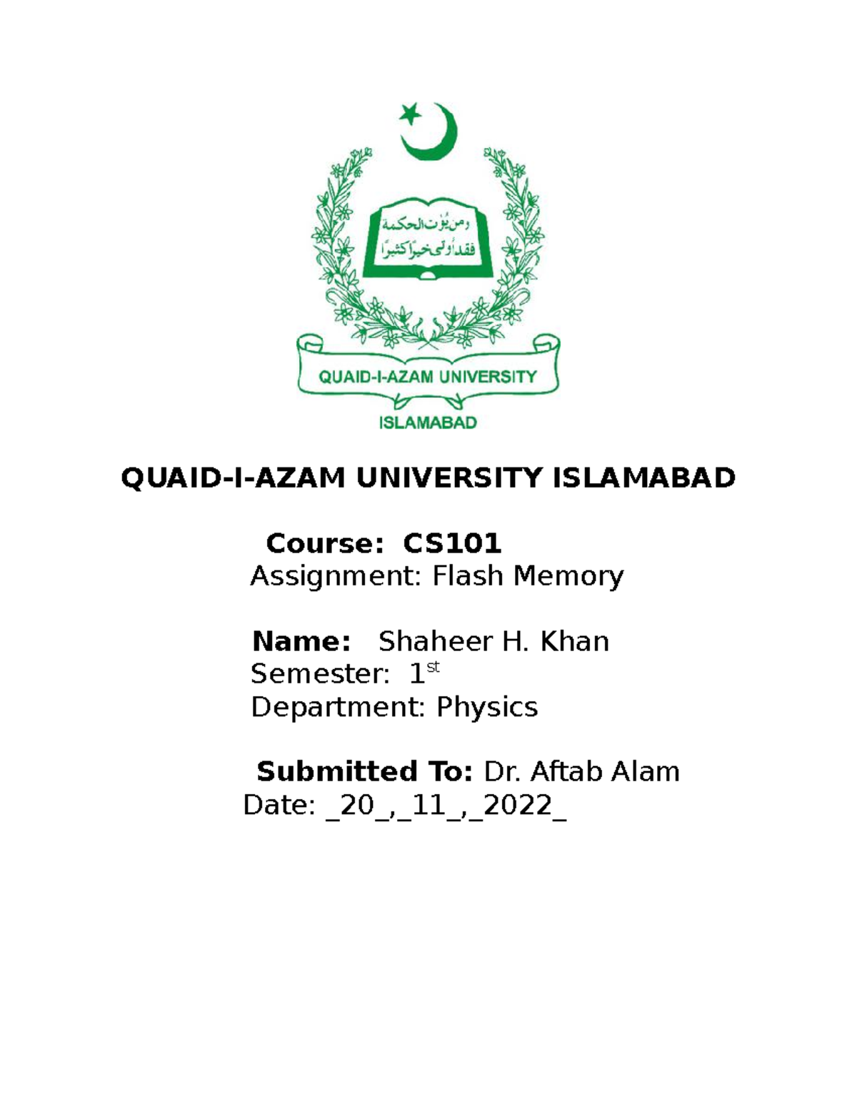 Cs Assignment No Quaid I Azam University Islamabad Course Cs Assignment Flash Memory Name