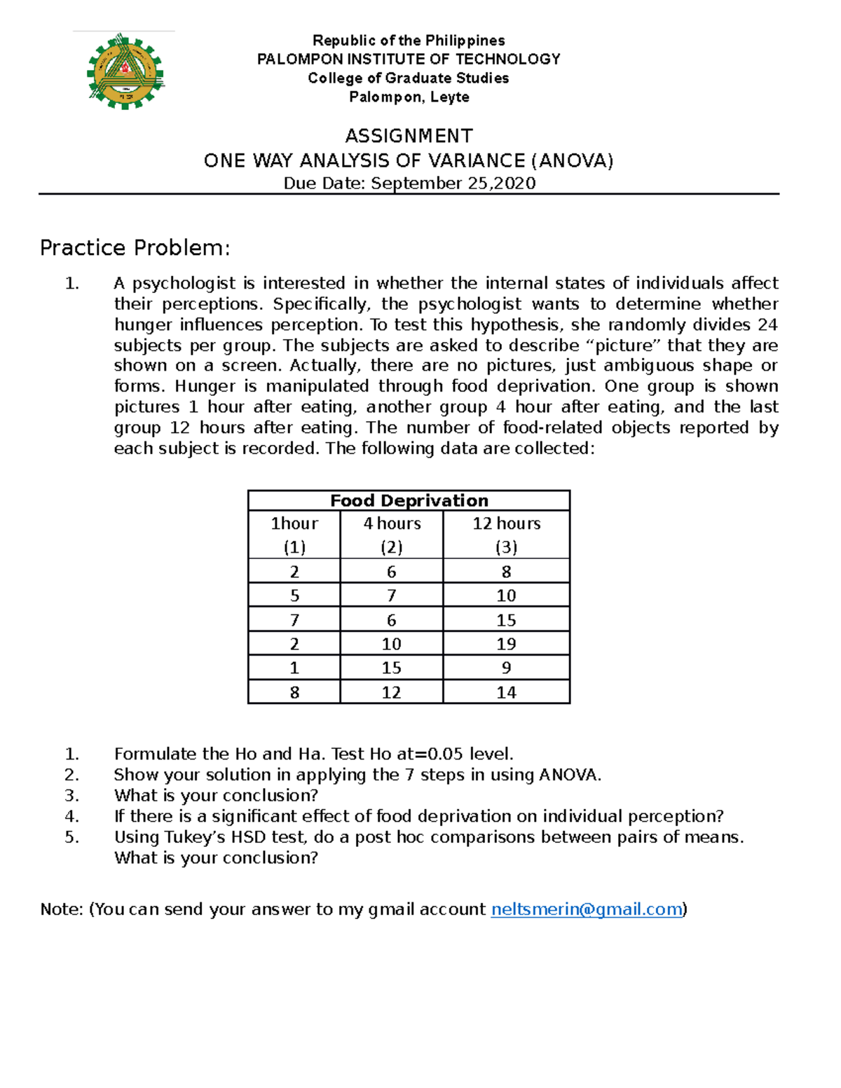Anova- Assignment - Statistics - Republic of the Philippines PALOMPON ...