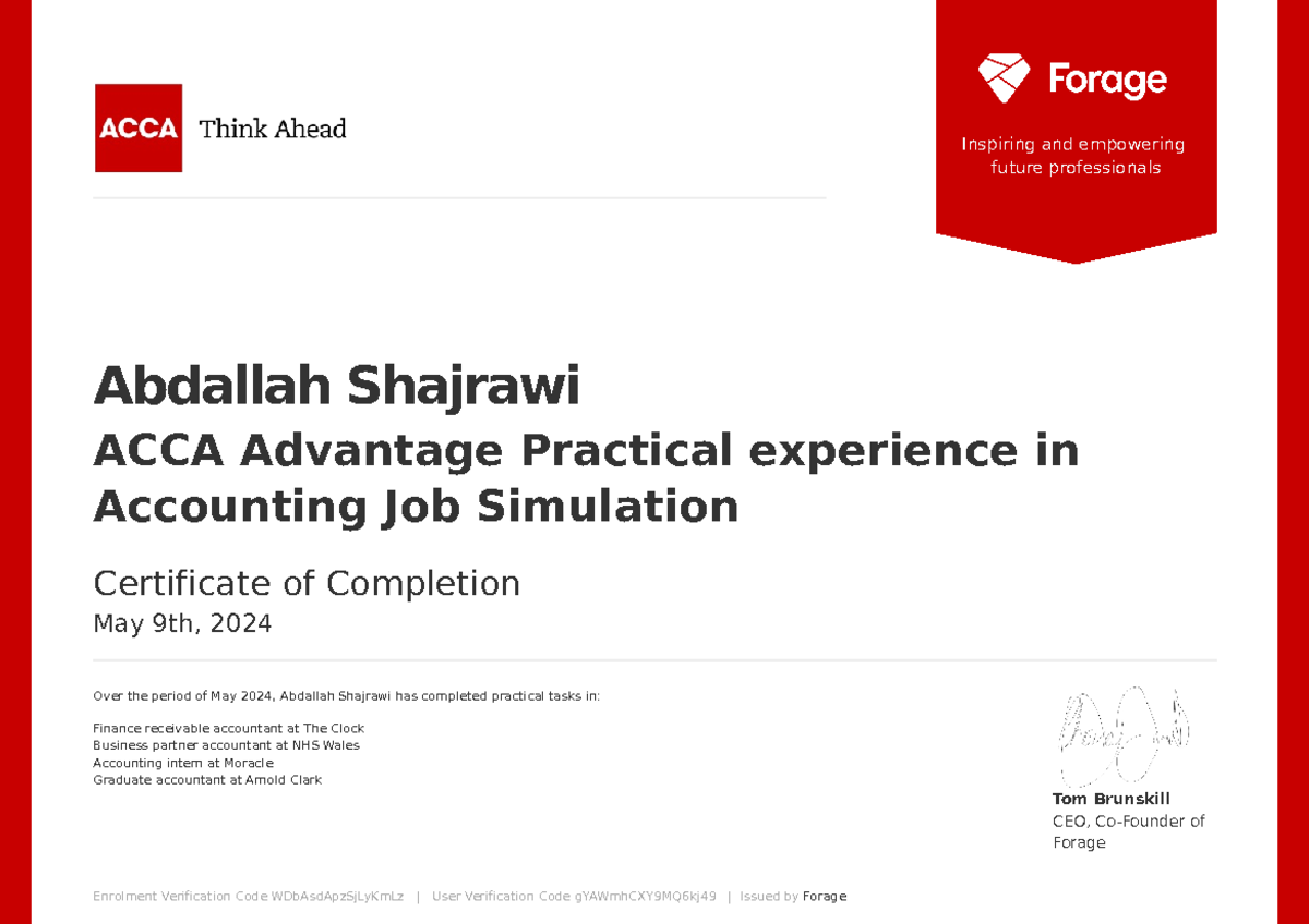 Certificate of Completion - Abdallah Shajrawi ACCA Advantage Practical experience in Accounting ...
