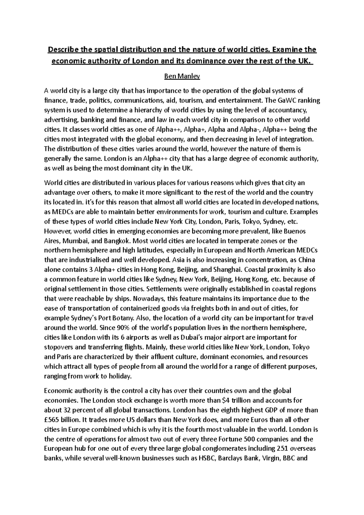 World City Essay 1 - Describe the spatial distribution and the nature ...