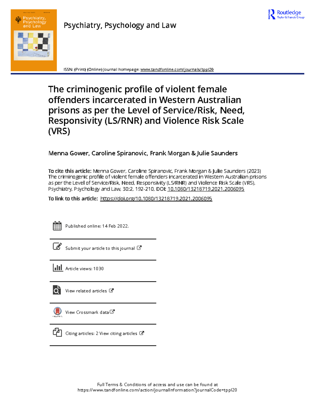 The criminogenic profile of violent female offenders incarcerated in ...
