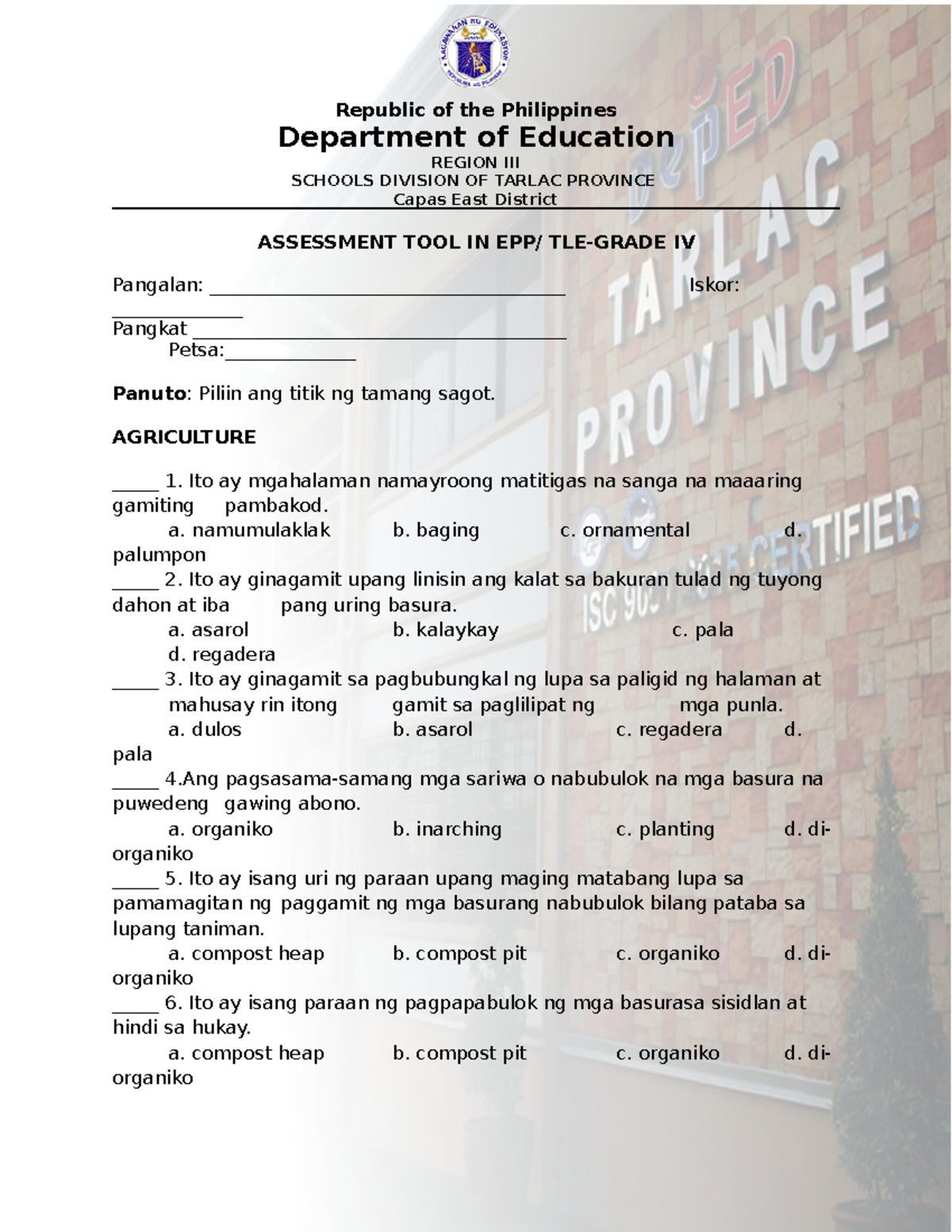 assessment tool in teaching TLE - Department of Education REGION III ...