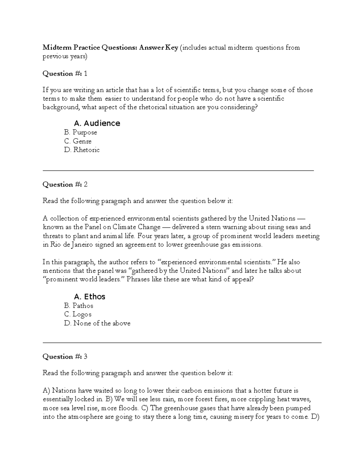 English 101 102 Midterm Practice Questions Answer Key - Midterm Practice Questions: Answer Key ...