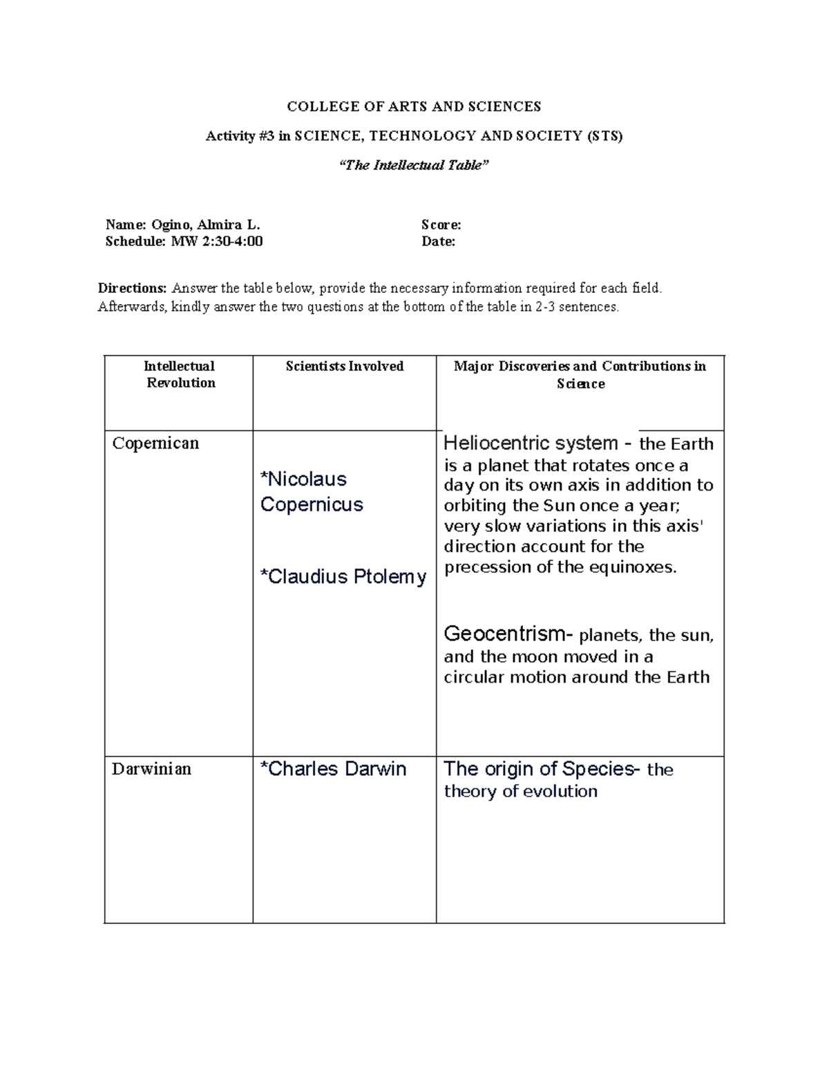 Activity 3- The Intellectual Table - COLLEGE OF ARTS AND SCIENCES ...