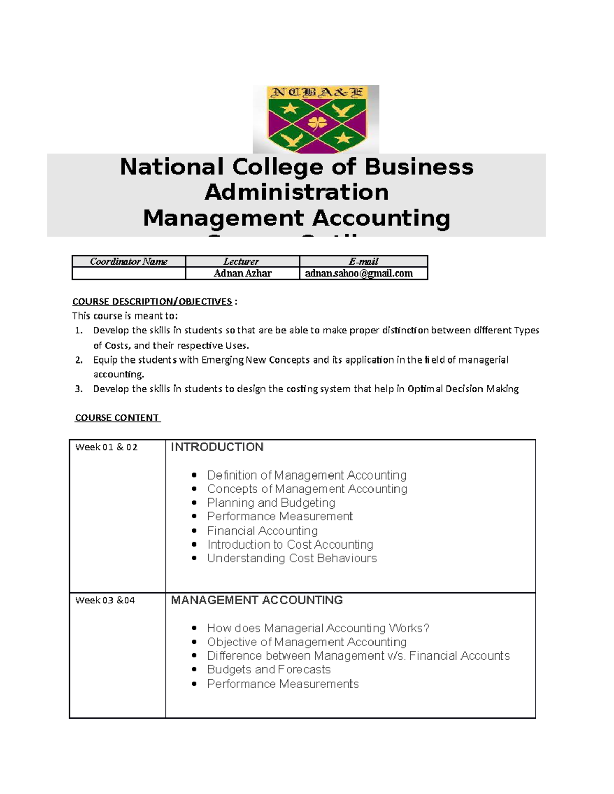 Management Accounting - Course Outline - Coordinator Name Lecturer E ...