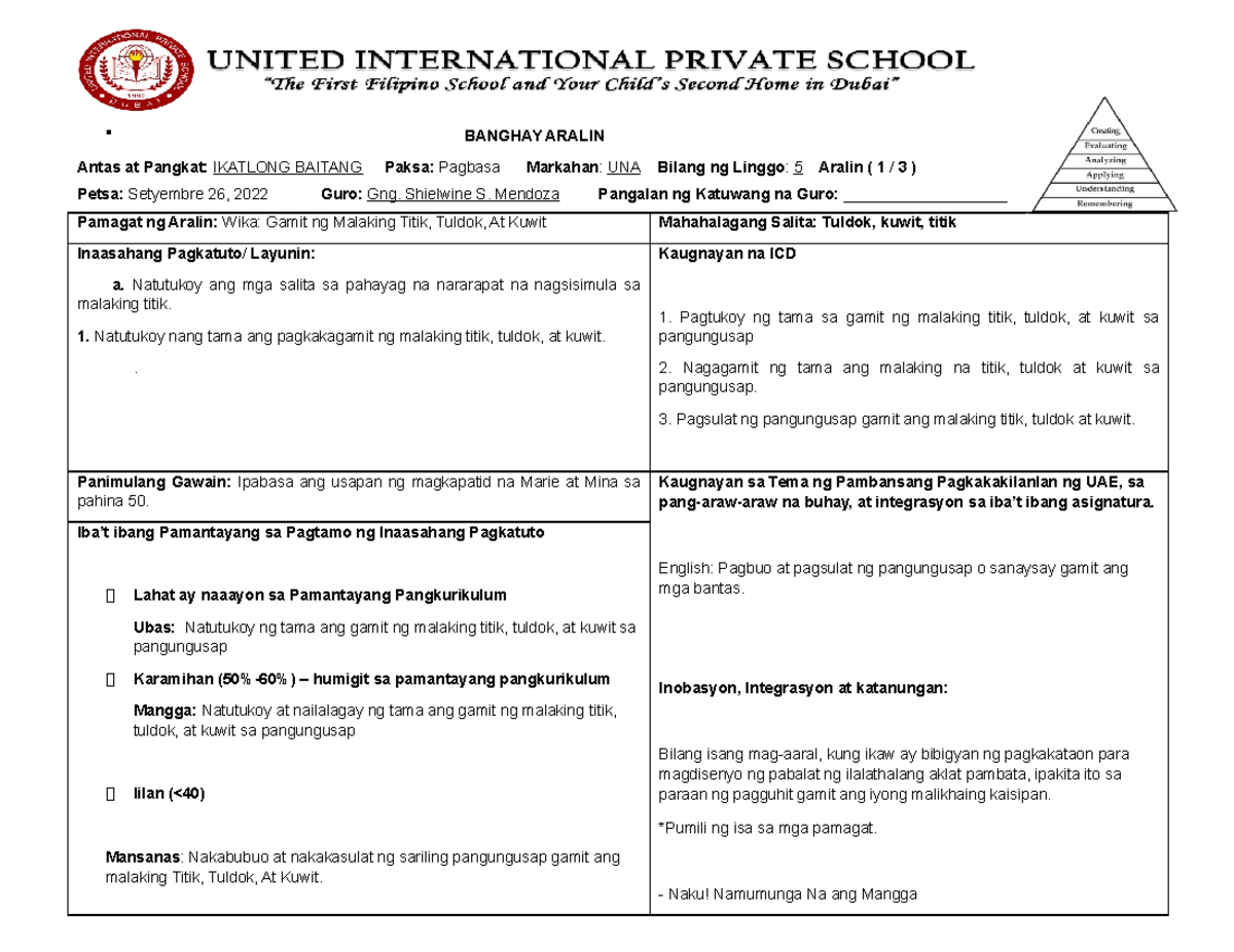 Gr. 3FIL LP Ikalimang Linggo - BANGHAY ARALIN Antas at Pangkat ...