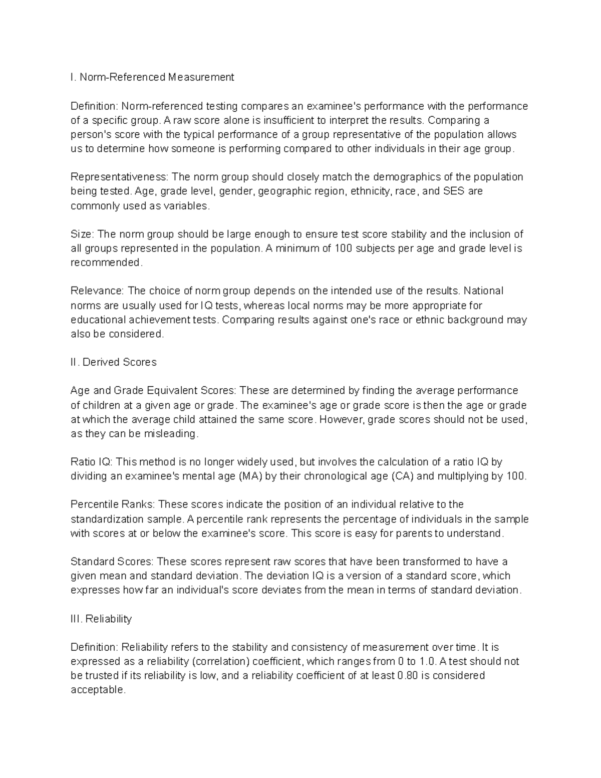 Week 9 - n/a - I. Norm-Referenced Measurement Definition: Norm ...