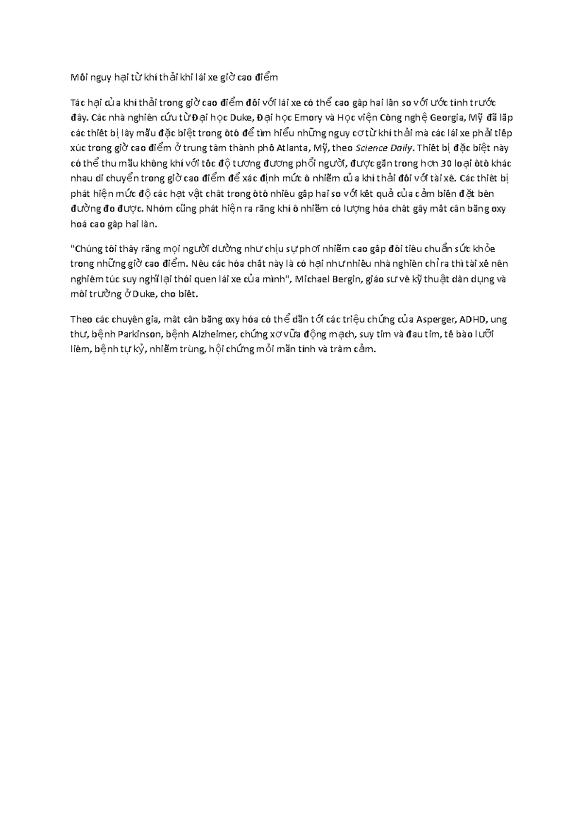Du Lieu Word - qwertyuiklk,mnbvfd - Mốối nguy h ại t ừ khí th ải khi lái xe gi ờ cao đi ểm Tác h ...