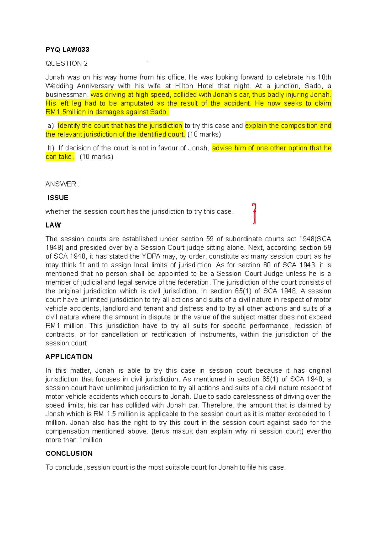 PYQ LAW033 CHAP 5 - PYQ LAW QUESTION 2 Jonah was on his way home from ...