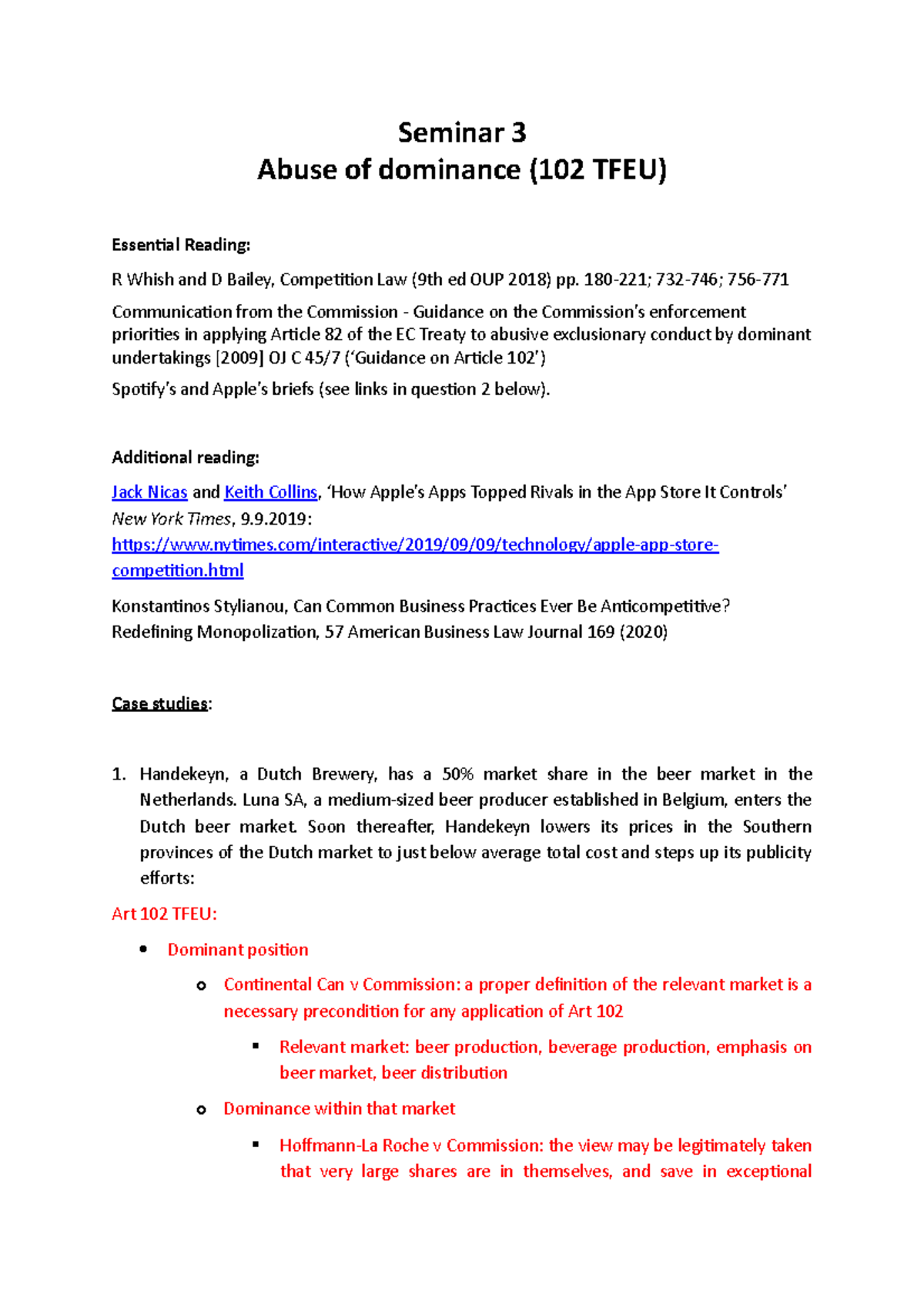 Instructions for Seminar 3 Article 102 TFEU - Seminar 3 Abuse of ...